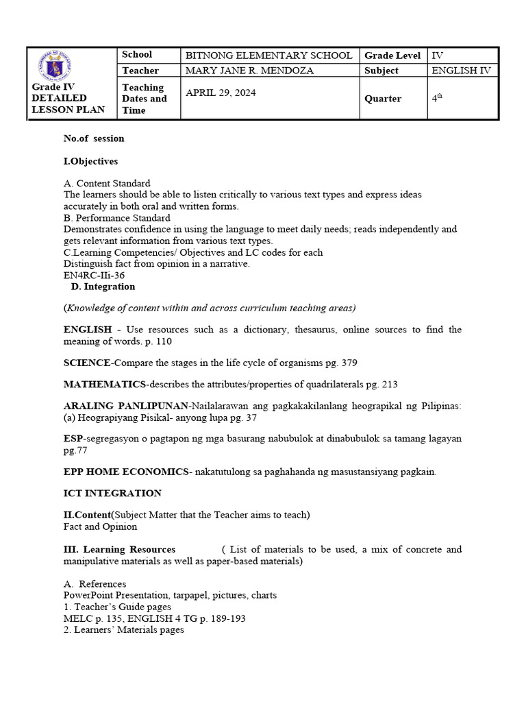Lesson Plan: Fact vs. Opinion for Grade IV | PDF | Lepidoptera | Teachers