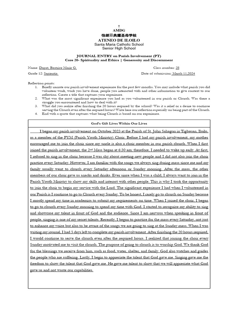 Parish Choir Involvement Reflection | PDF | Critical Thinking | Thought