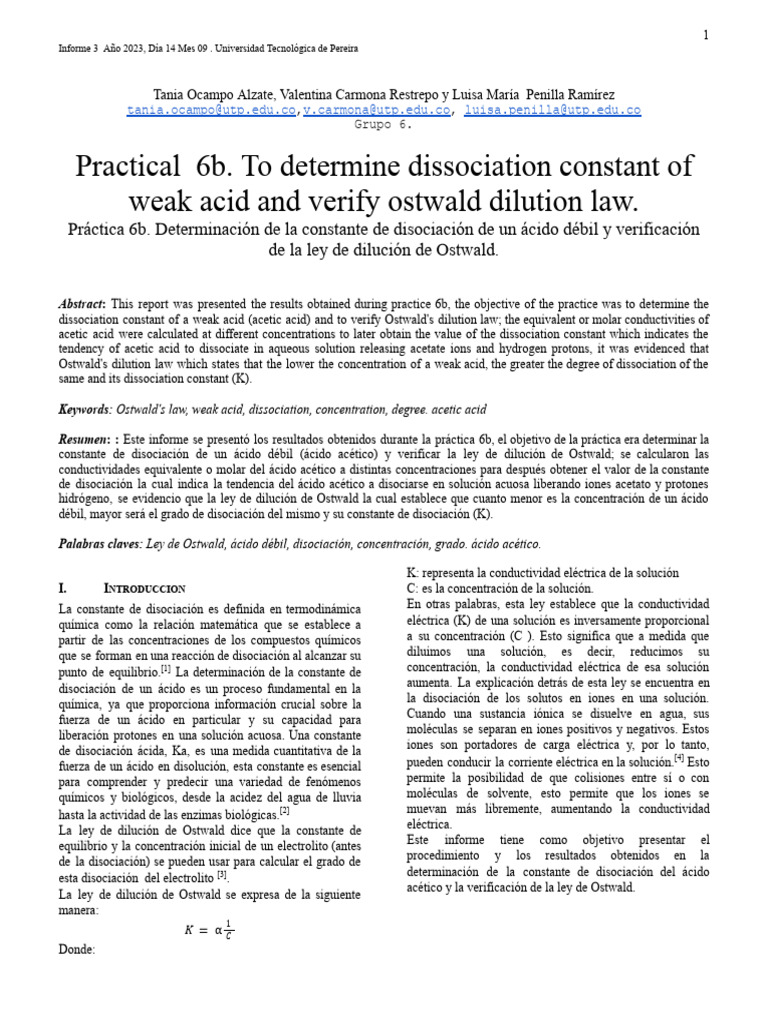 Informe 3 Lab Fisicoquímica Ii Grupo 6 Pdf Ácido Concentración