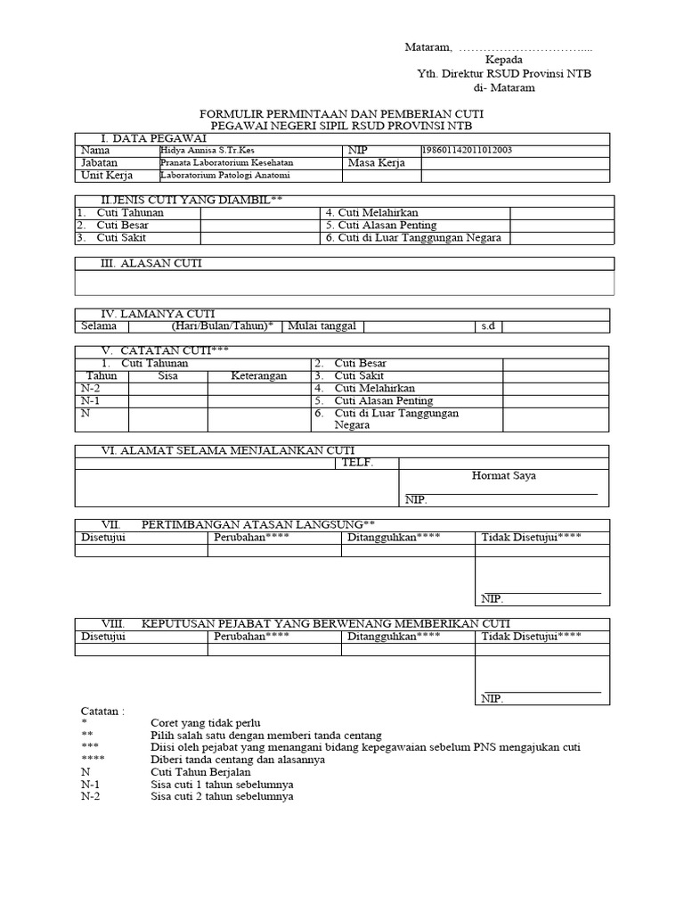 Formulir Cuti PNS RSUD NTB | PDF