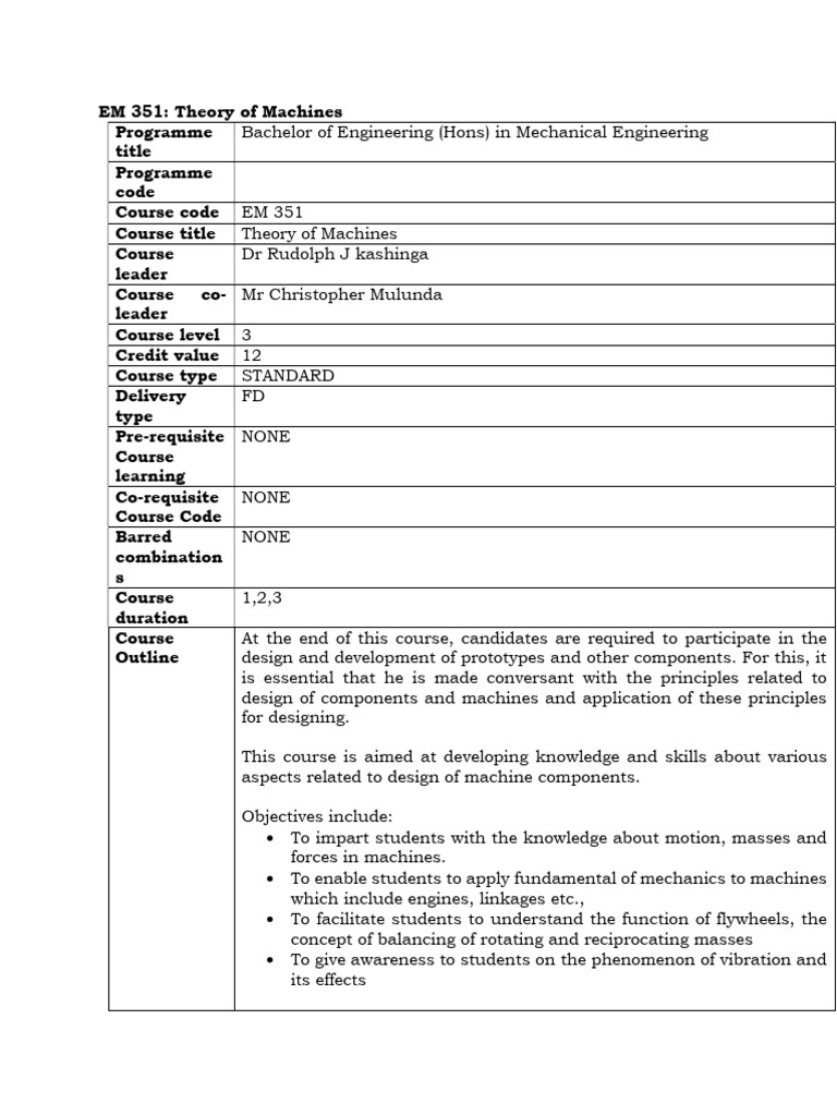 EM 351 Course Outline | Download Free PDF | Gear | Belt (Mechanical)