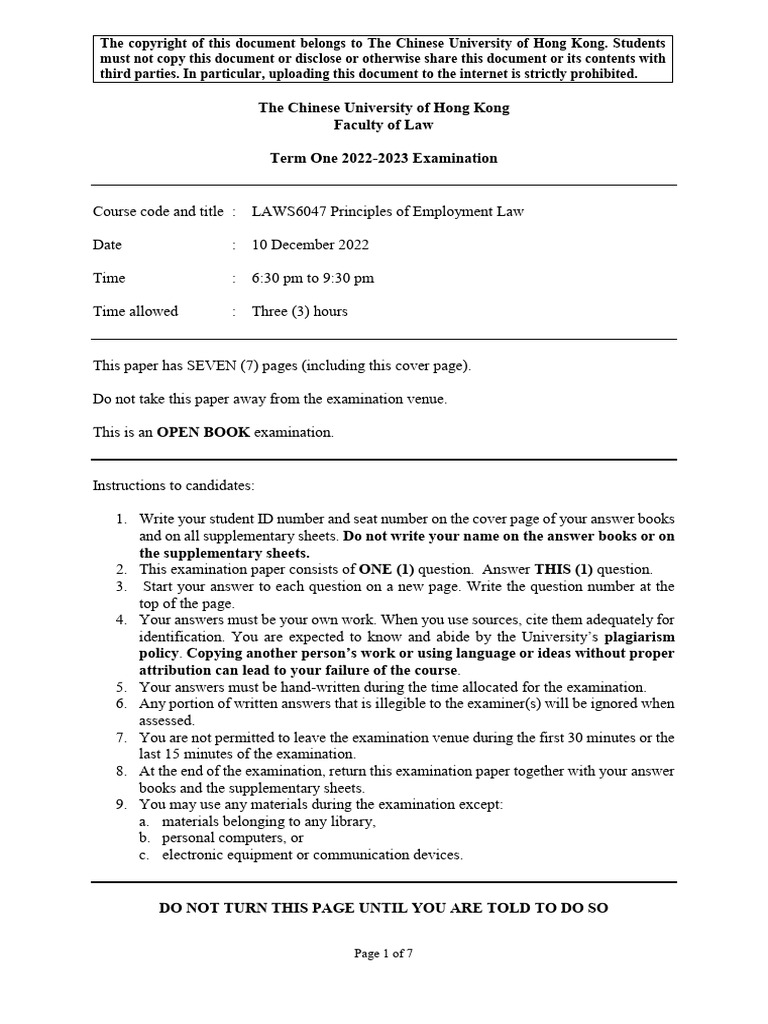 2022-2023 LAWS6047 Principles of Employment Law Term One 2022-23 | PDF ...