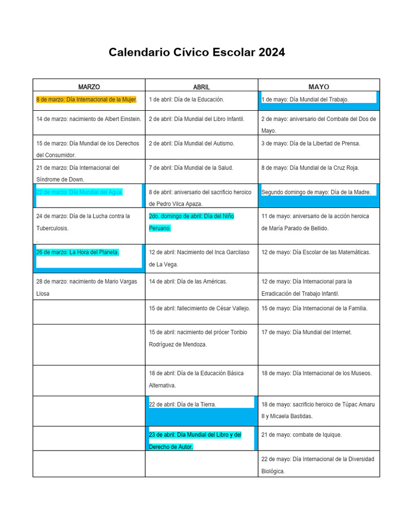 Calendario Civico Escolar 2024 | PDF | Perú | América del Sur