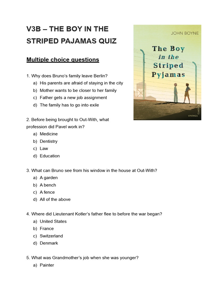 The Boy in The Striped Pyjamas Quiz - ch1-20 | PDF | Mystery, Thriller ...