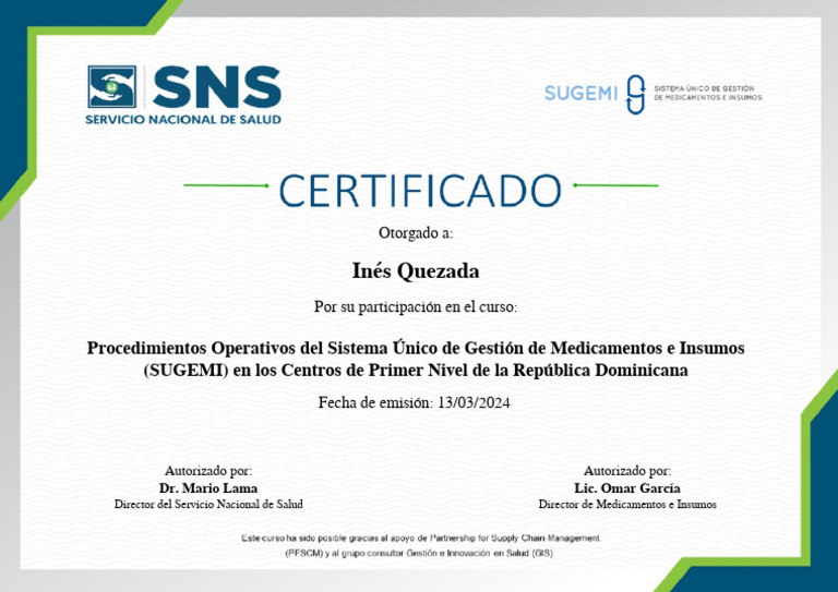 Certification SUGEMI en Los Centros de Primer Nivel Inesquezada | PDF