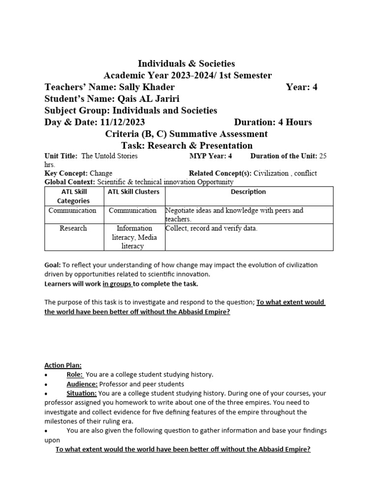 Individuals and Societies Summative First Term Criterion B, C | PDF ...