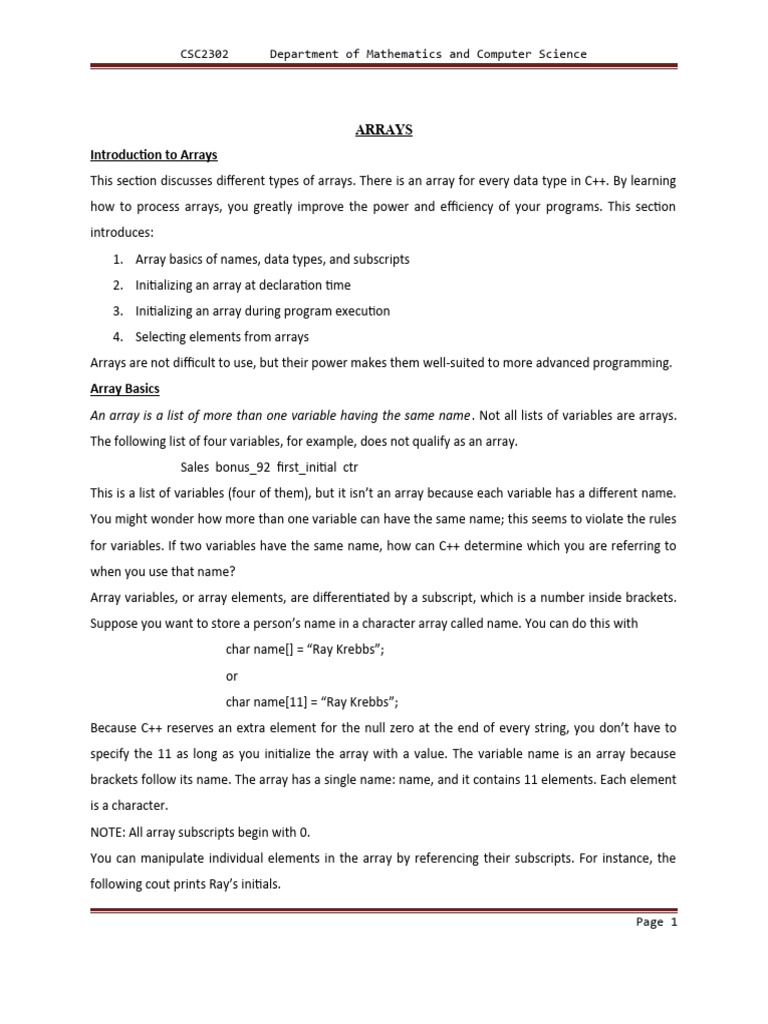 Lecture1 Array Basics | PDF | Variable (Computer Science) | Data Type