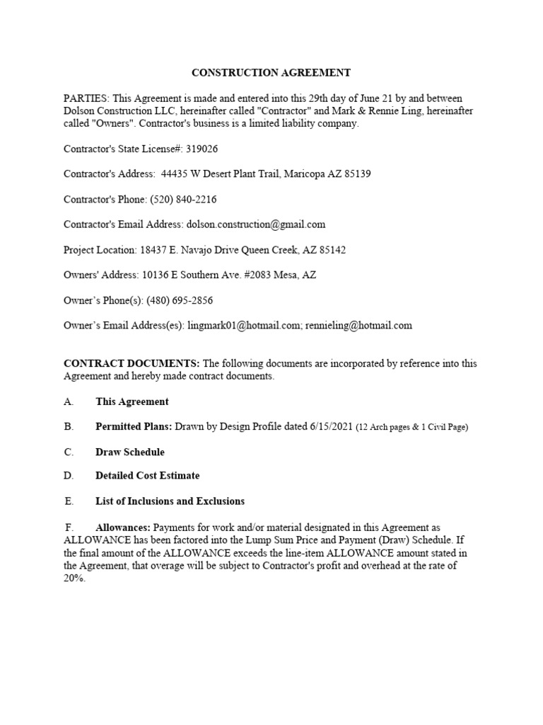 LING CONSTRUCTION AGREEMENT - Signed | PDF | General Contractor ...