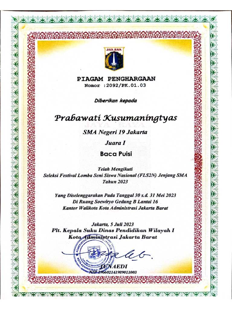 Sertifikat Fls2n O2sn - 2023 Sman 19 JKT | PDF