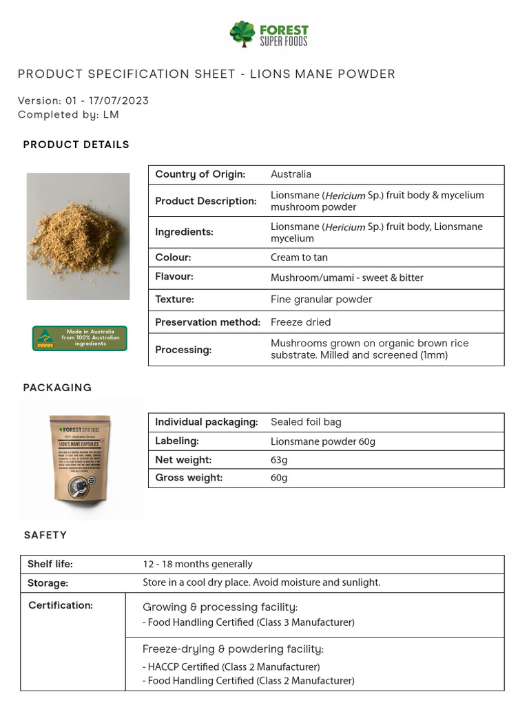 Lions Mane Product Info Sheet | PDF | Fat | Food Science