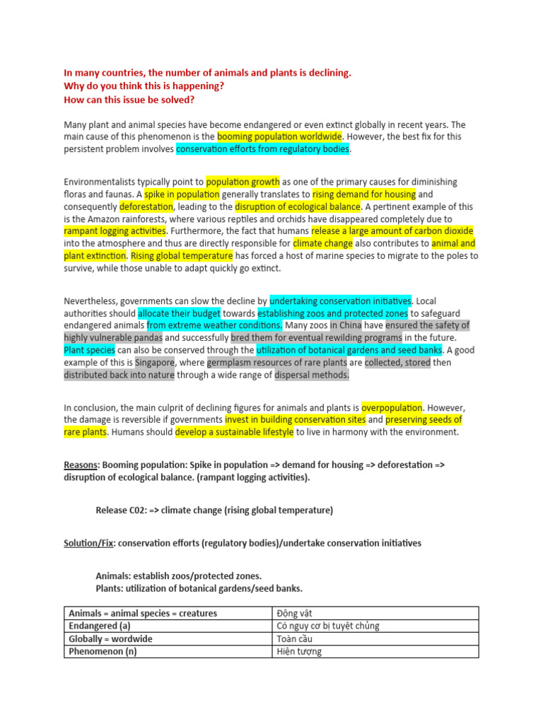Writing 2 Reason Solution of Plant Animal Decline | PDF | Conservation ...