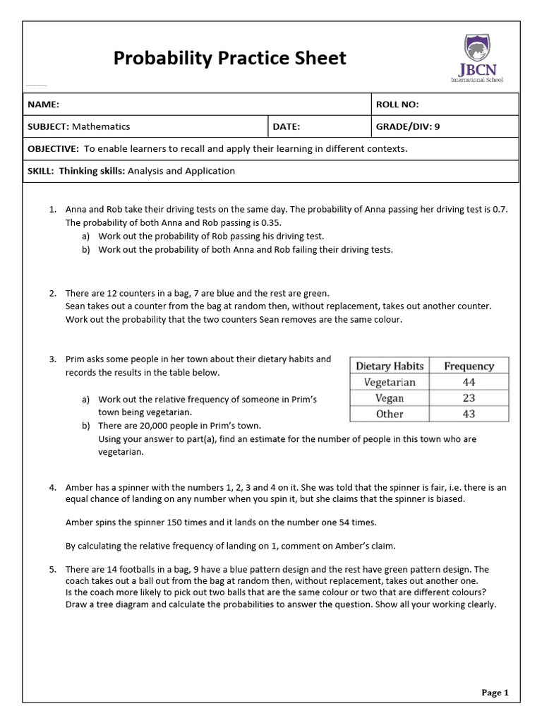 Probability Practice Sheet 1 | PDF | Probability | Cognition