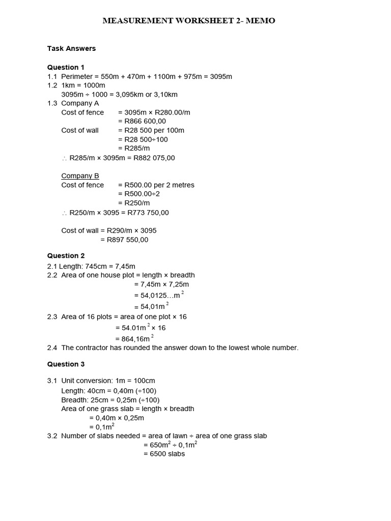 Measurement Worksheet 2 Memo | PDF | Length | Volume