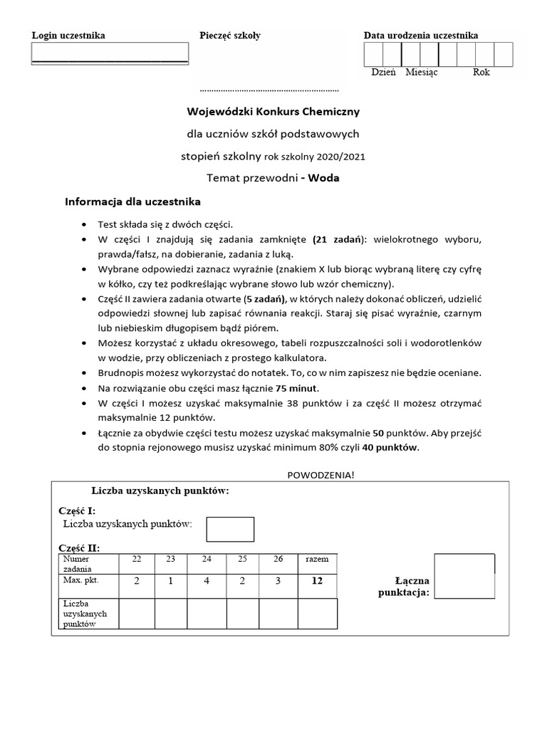 WKCH Chemia Konkurs Materialy Komplet 2020 2021 | PDF