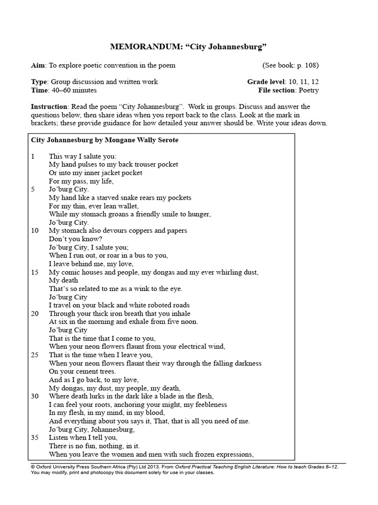 5 13 Memo For Task Sheet For Grades 10 12 On City Johannesburg | PDF ...