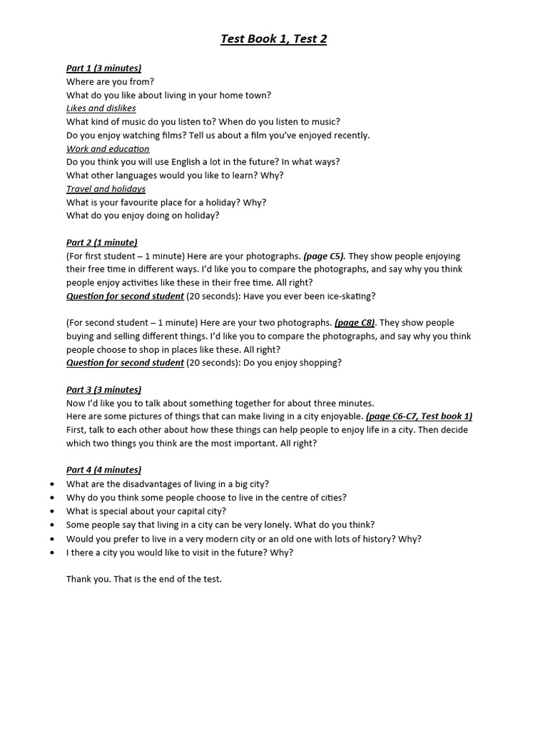 Cambridge First B2, Test Book 1, Test 2, speaking script for exam ...