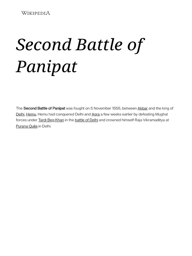 Second Battle of Panipat - Wikipedia | PDF | Mughal Empire