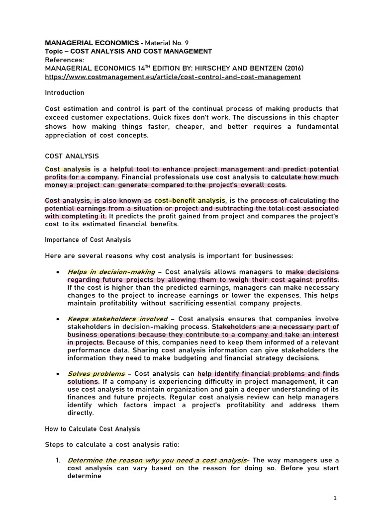Material No. 9 - Cost Analysis | PDF | Cost–Benefit Analysis | Cost Accounting