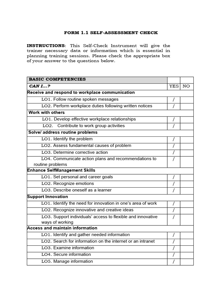 FORM 1.1 SELF-ASSESSMENT CHECK (4) (Autosaved) | PDF | Occupational Safety And Health | Patient