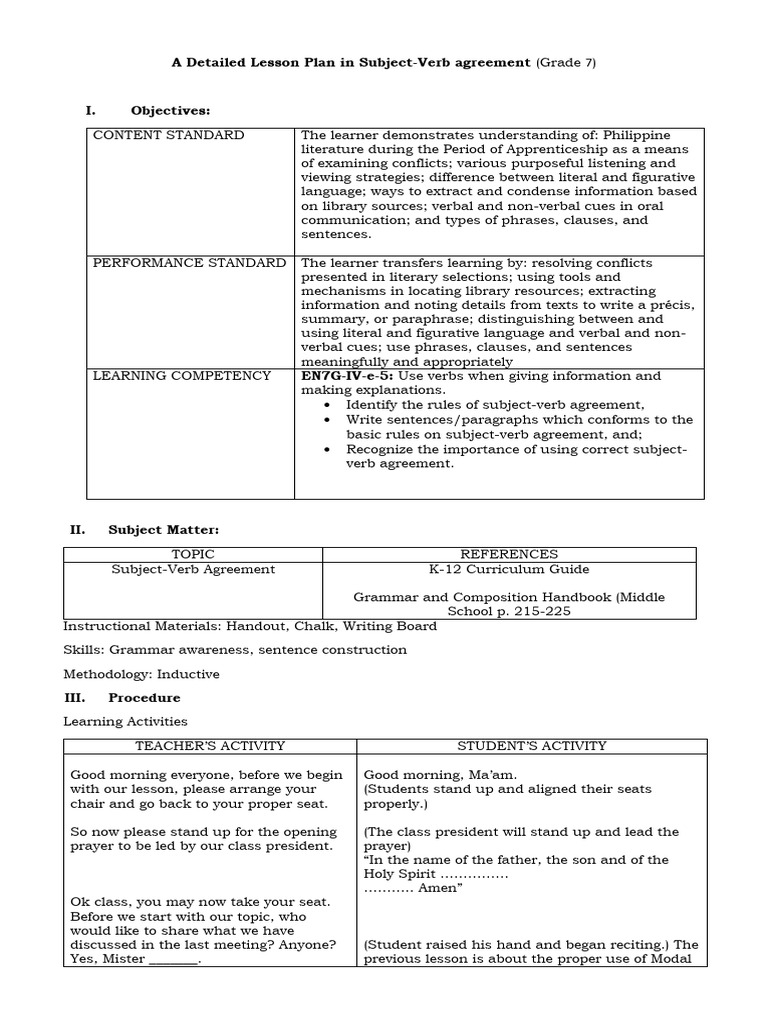 Grade 7 Subject-Verb Agreement Lesson Plan | PDF | Grammatical Number ...