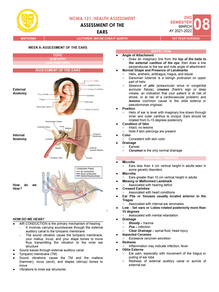 Week 8 - Assessment of The Ears | PDF | Ear | Hearing