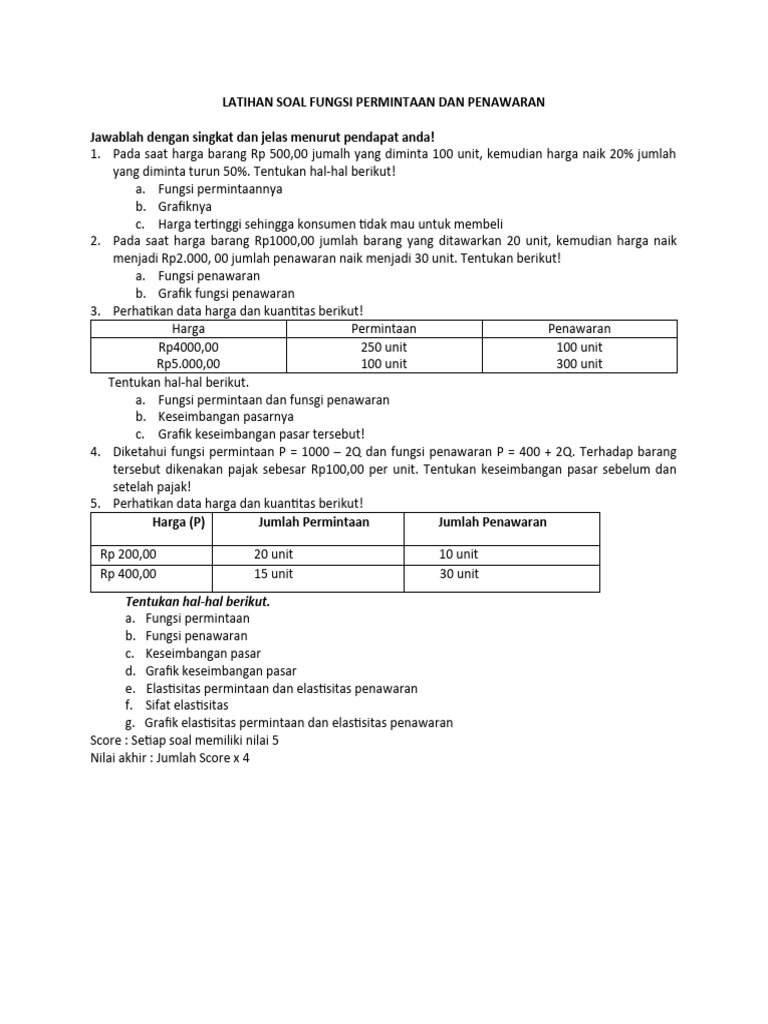 Latihan Soal Fungsi Permintaan dan Penawaran | PDF