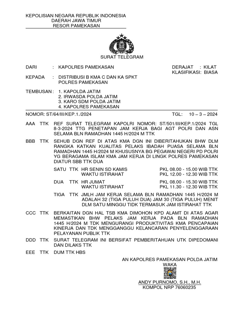 ST Jam Kerja BLN Ramadhan 2024 | PDF