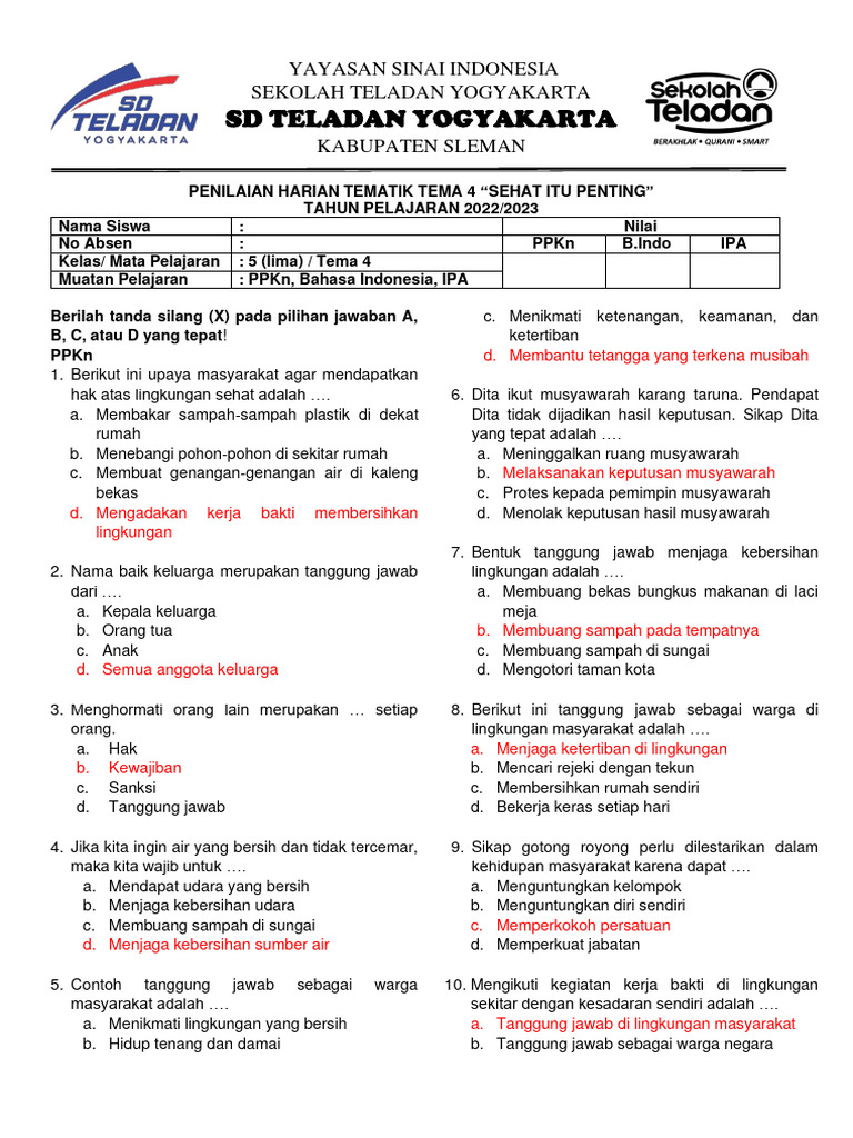 PH Tematik Tema 4 Soal | PDF | Seni & Disiplin Bahasa | Kesehatan Holistik