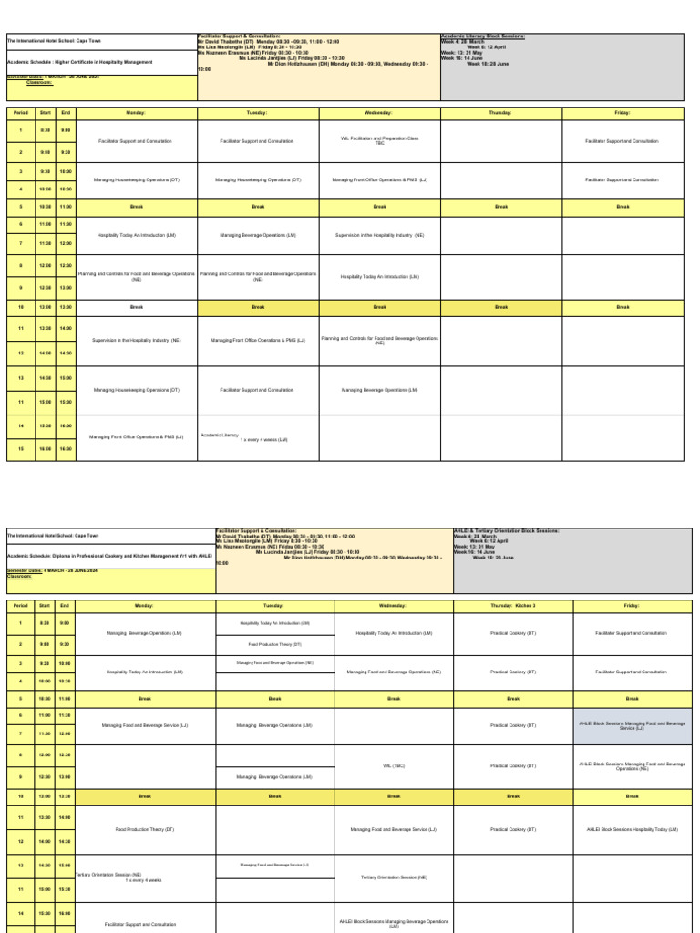 Timetable CPT Semester 1 - 2024 | PDF | Hospitality Industry