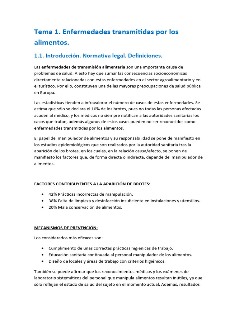 Tema 1. Enfermedades Transmitidas Por Los Alimentos. | PDF | Enfermedades transmitidas por ...