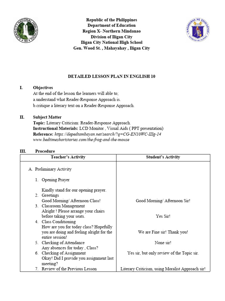 LP EN10 Reader-Response | PDF | Lesson Plan | Cognition