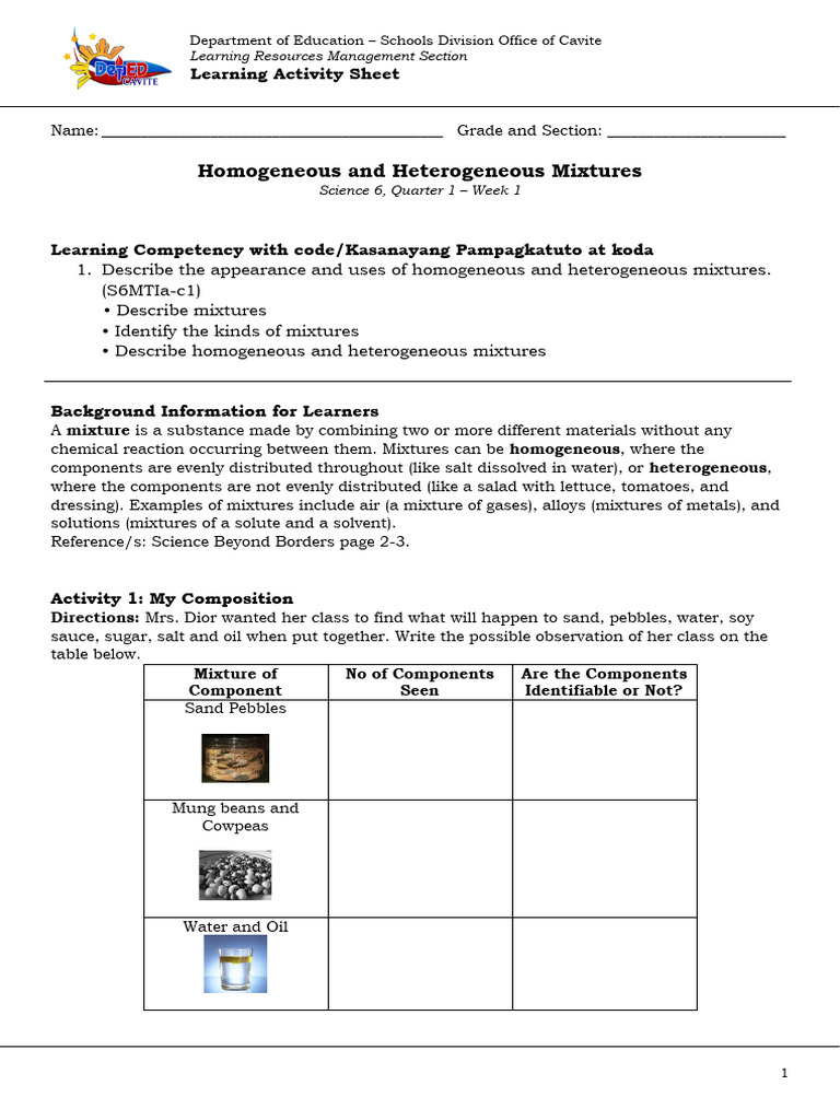 Homogenous and Heterogenous Mixture | PDF | Mixture | Applied And Interdisciplinary Physics