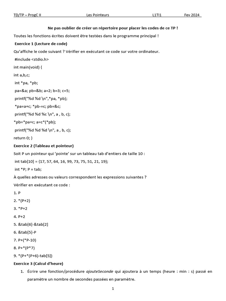 TD2 Pointeurs | PDF | Pointeur (programmation) | Programmation informatique