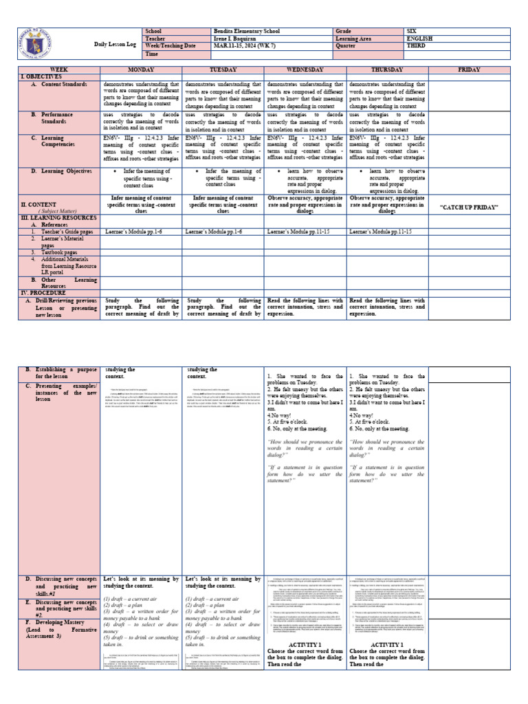 Gr.6 DLL English WK 7 QTR 3 | PDF | Learning | Question