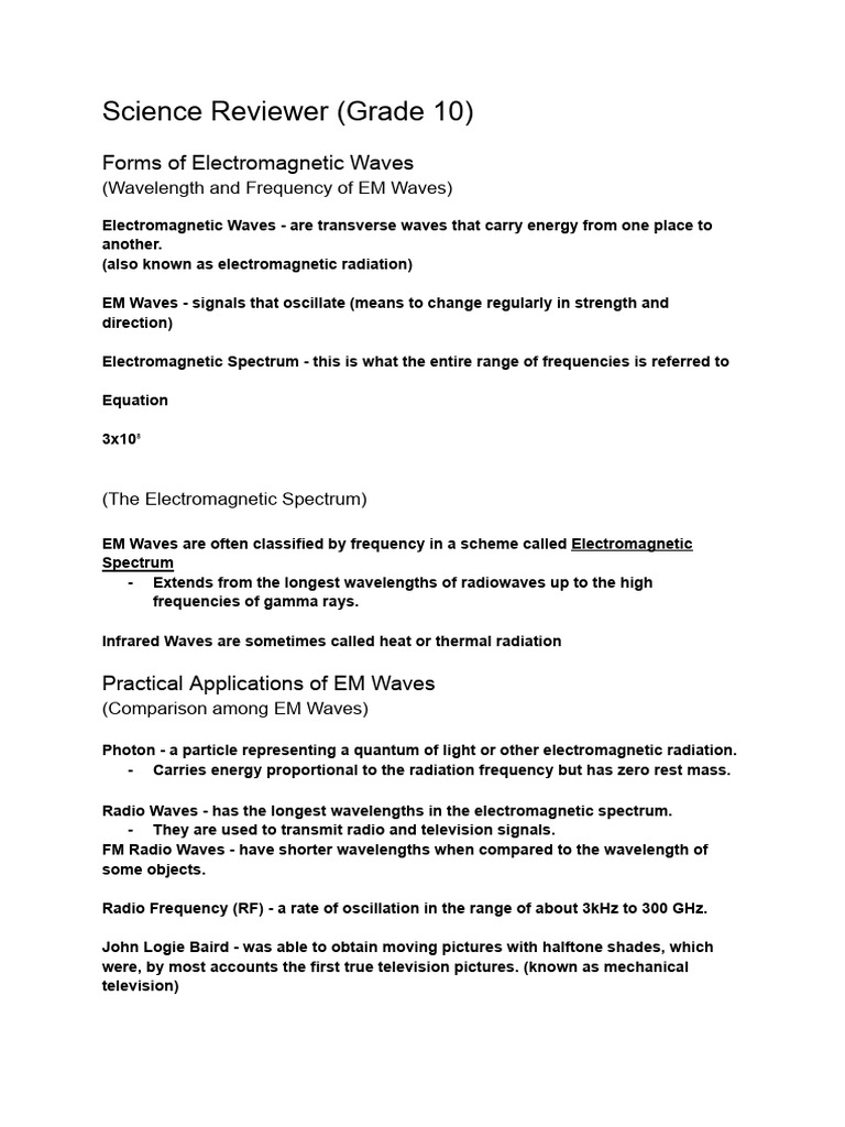 Science Reviewer Grade 10 | PDF | Electromagnetic Spectrum ...