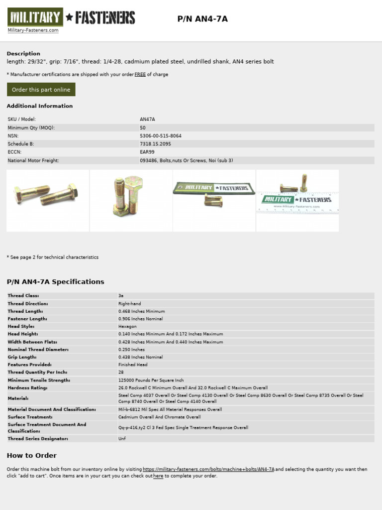 AN4 7A - Military Fasteners Com | PDF | Screw | Metalworking