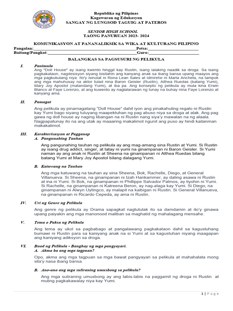 Balangkas Sa Pagsusuri NG Pelikula 1 | PDF