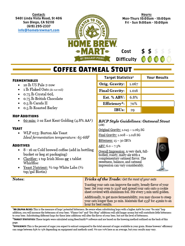 Coffee Oatmeal Stout All Grain Recipe | PDF | Brewing | Fermented Drinks
