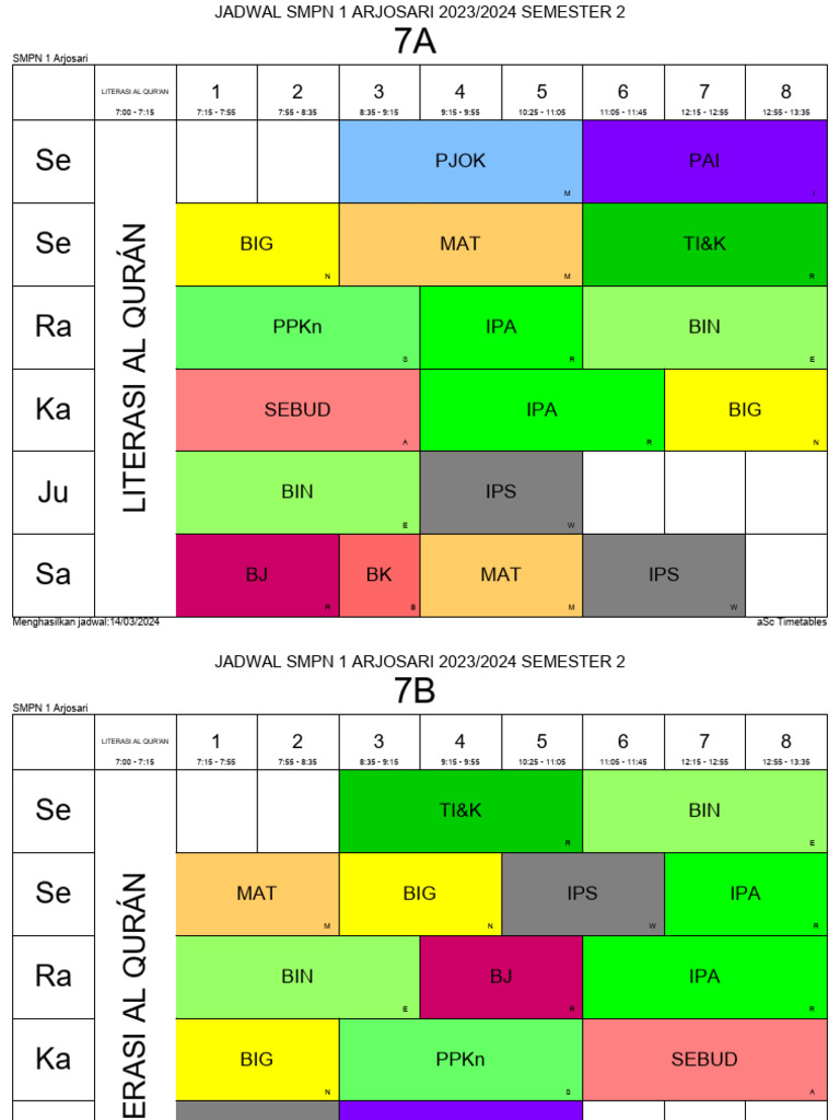 Jadwal 2023-2024 SMT 2 Versi 140324 Dapodik Perkelas | PDF