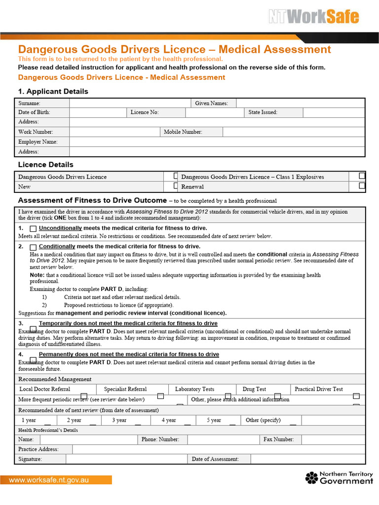 Driver Medical Assessment Form | PDF | Blood Pressure | Occupational ...