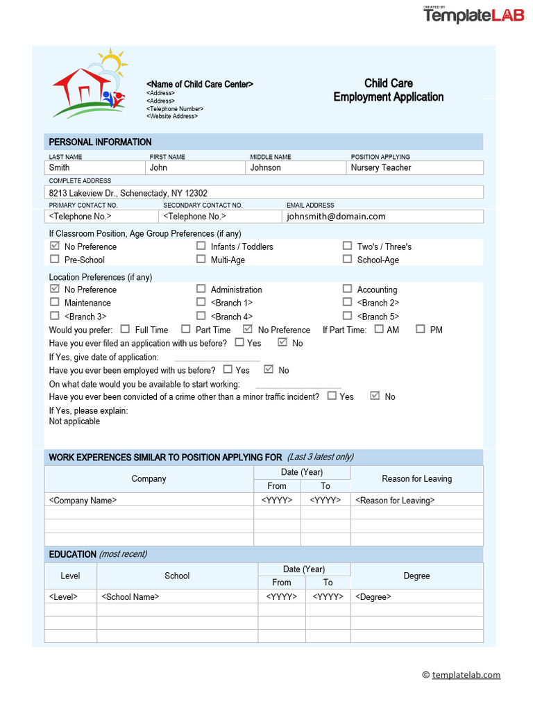 Child Care Employment Application Template TemplateLab | Download Free ...