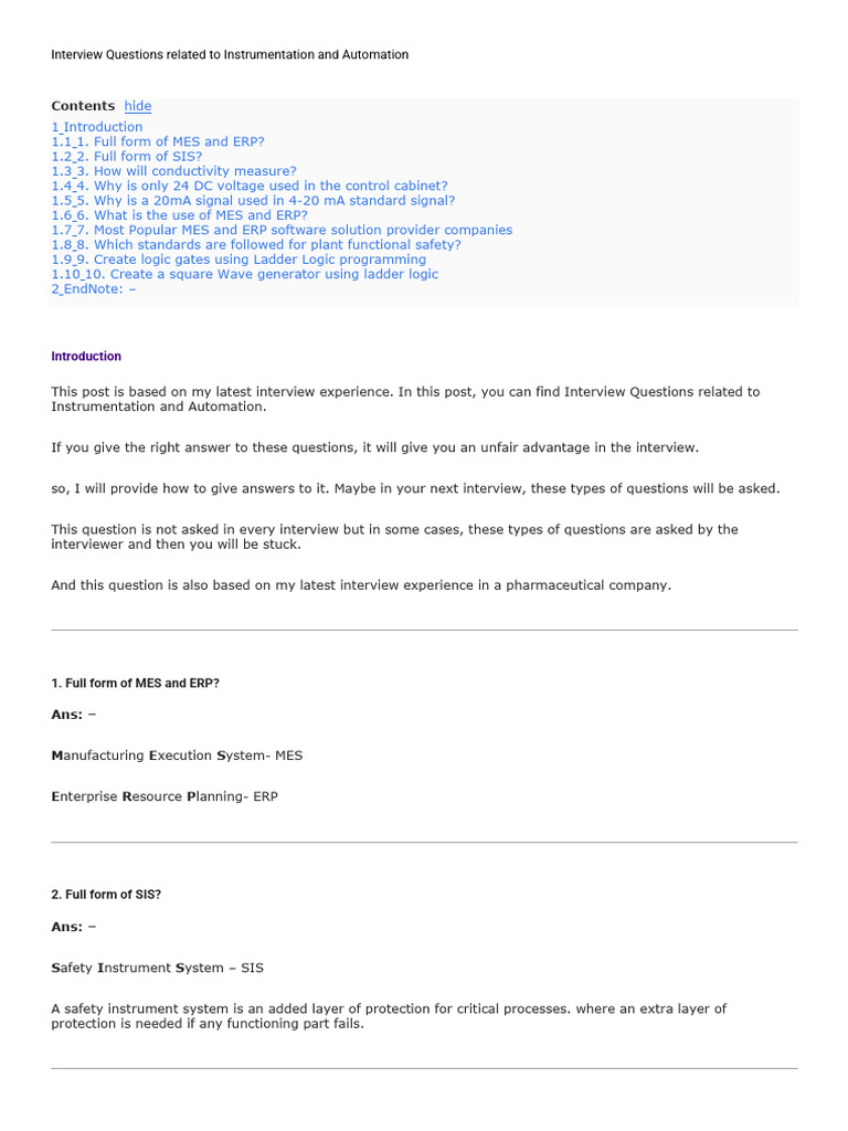 Interview Questions - Instrumentation & Automation | PDF | Enterprise Resource Planning ...
