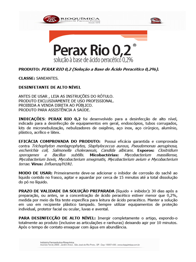 Ficha - Tec - Acido Perac. 0,2 - Rioquimica | PDF | Desinfetante | Liga