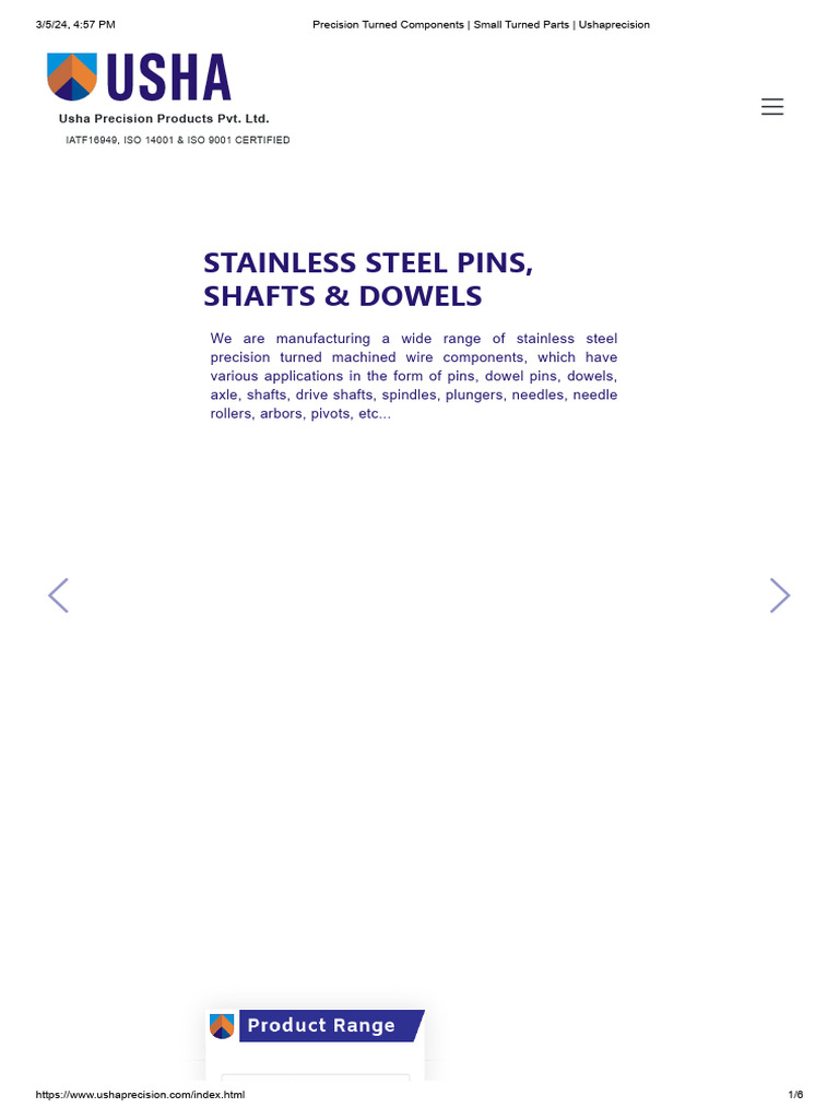 Usha Precision: Stainless Steel Dowel Pins | PDF | Axle | Wire