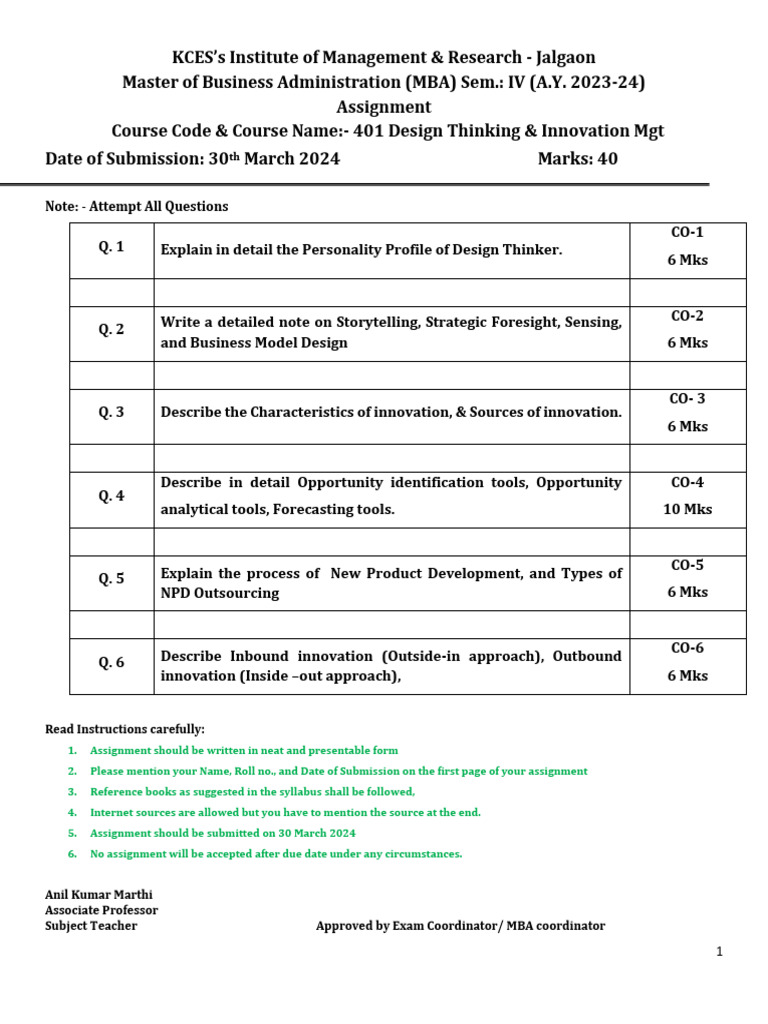2023-24-Assignment On Design Thinking & Innovation MGT | PDF | Cognition | Business