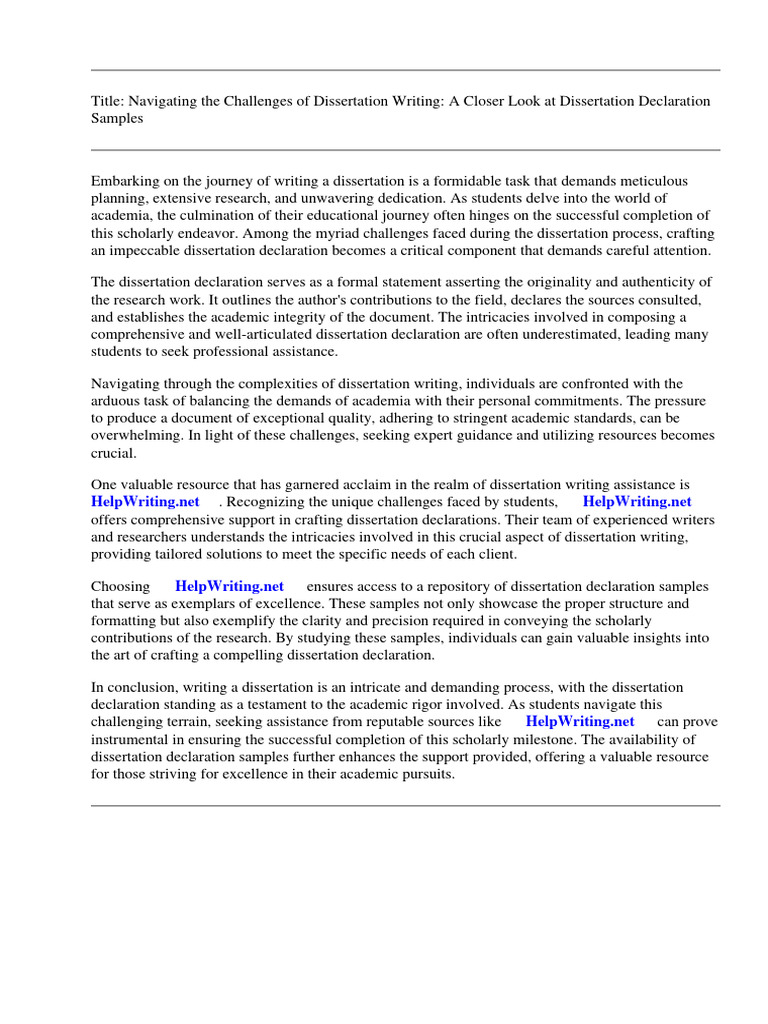 Dissertation Declaration Sample | PDF | Thesis | Essays