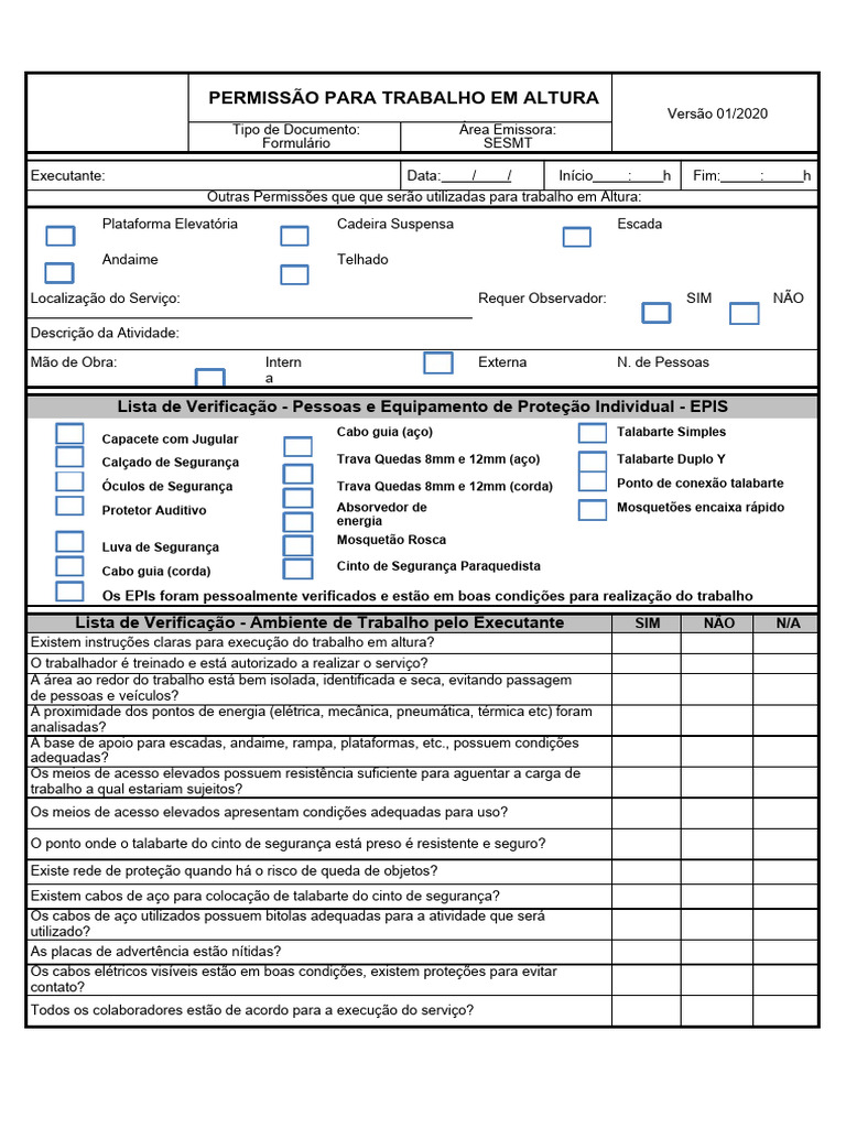 MODELO DE Permissão de Trabalho (PT) - Trabalho em Altura | PDF ...