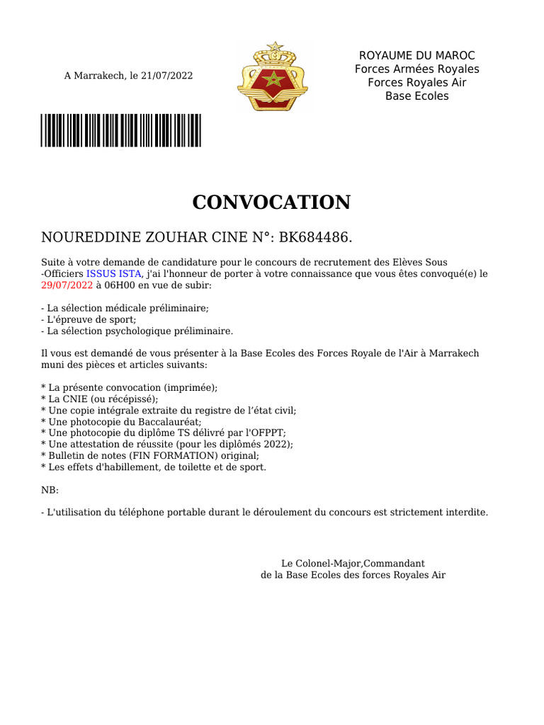 Convocation au concours des Sous-Officiers | PDF