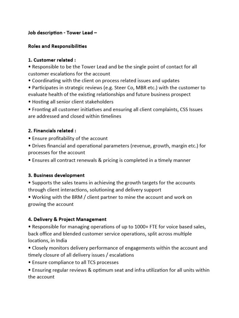 Tower Lead Job Description at TCS | PDF | Business | Business Economics
