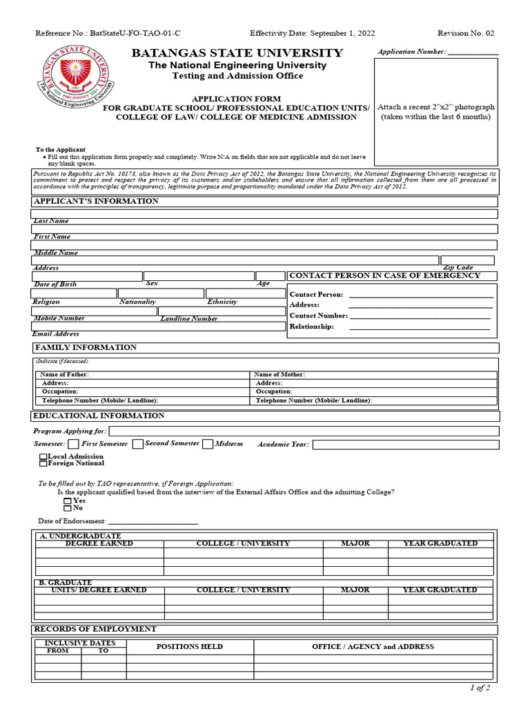 BatStateU FO TAO 01 C Application Form For GS PEU COL COM Admission Rev ...